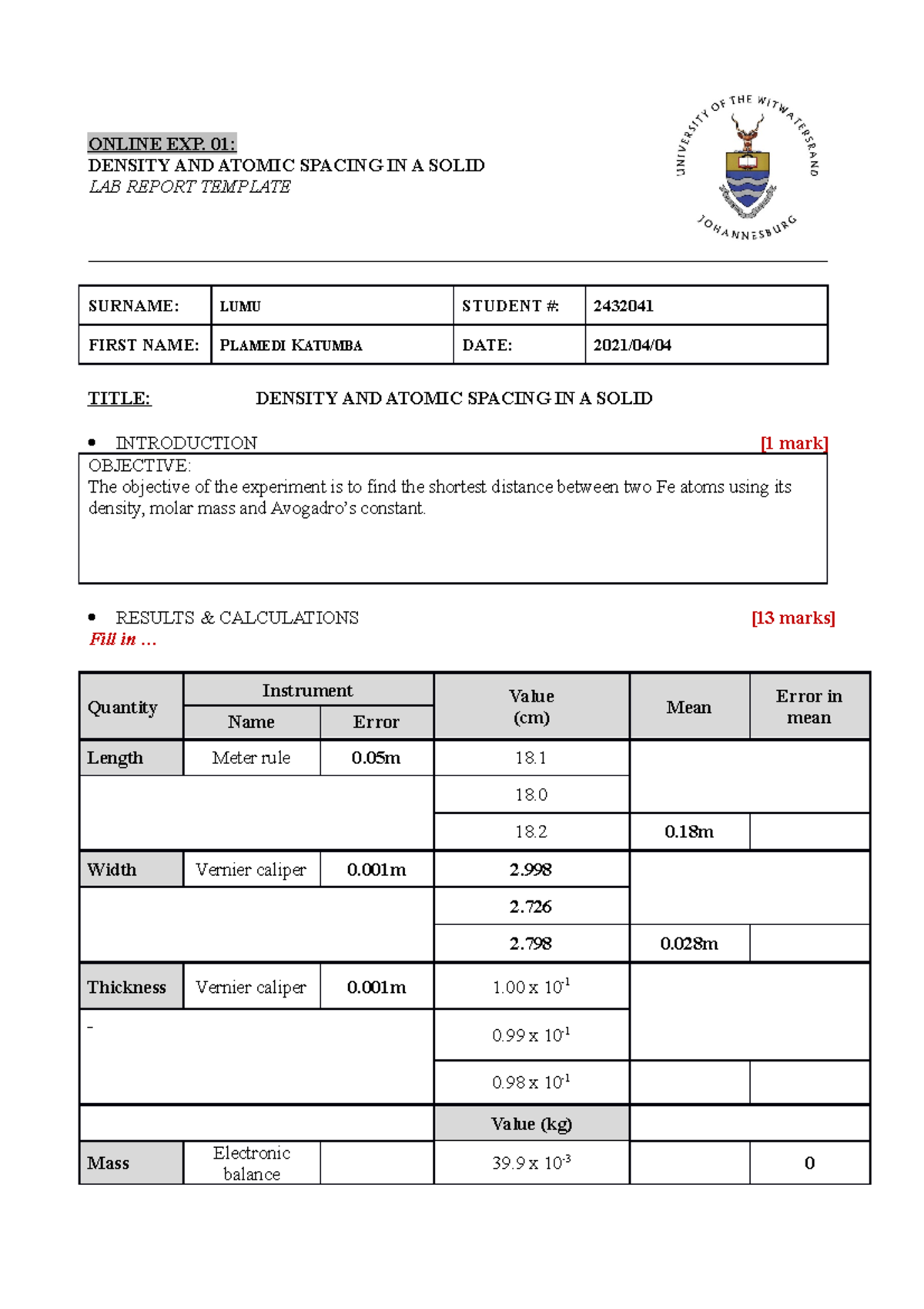 Online Exp01 - Density & Atomic Spacing - Lab Report Template-1 (Auto ...