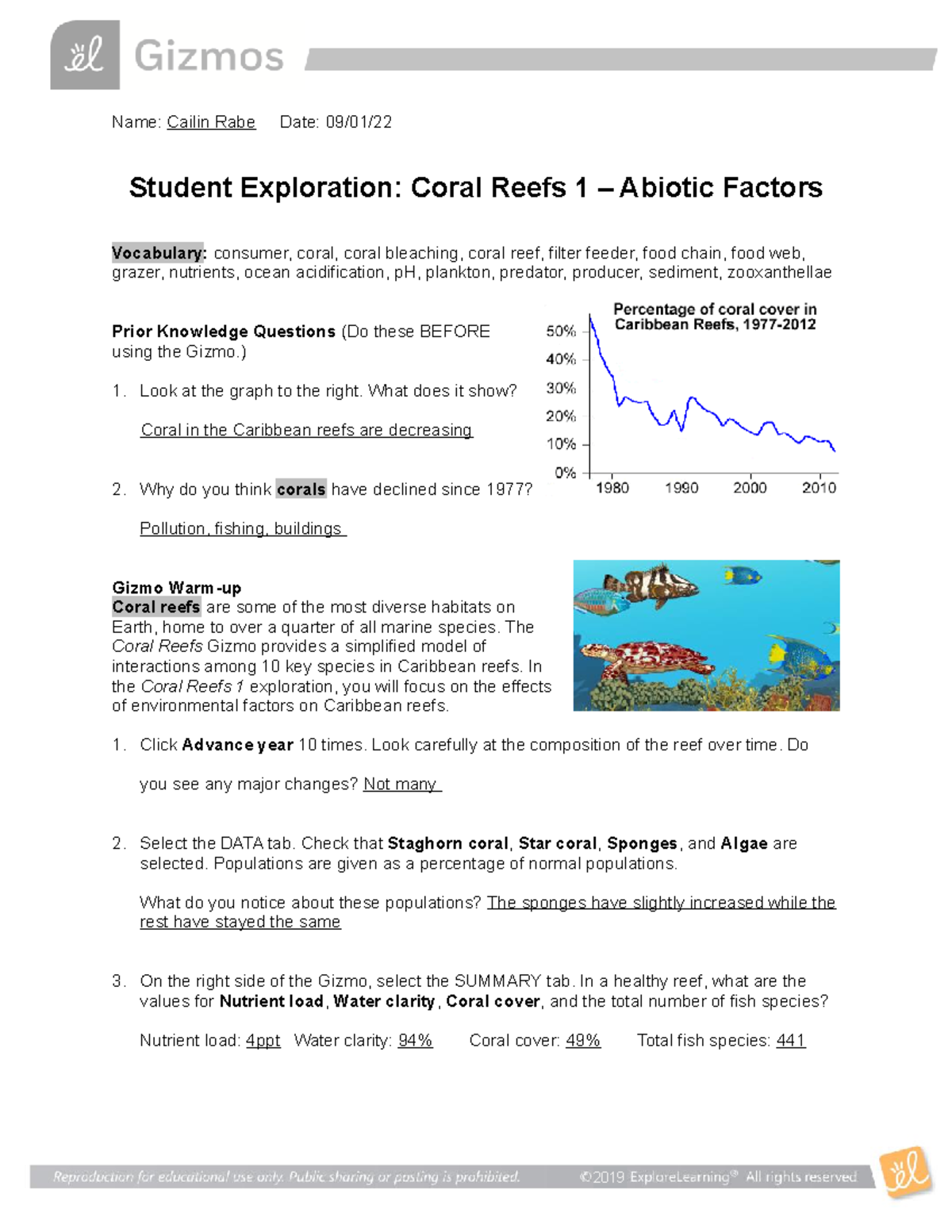 Coral Reef 1SE - Name: Cailin Rabe Date: 09/01/ Student Exploration ...