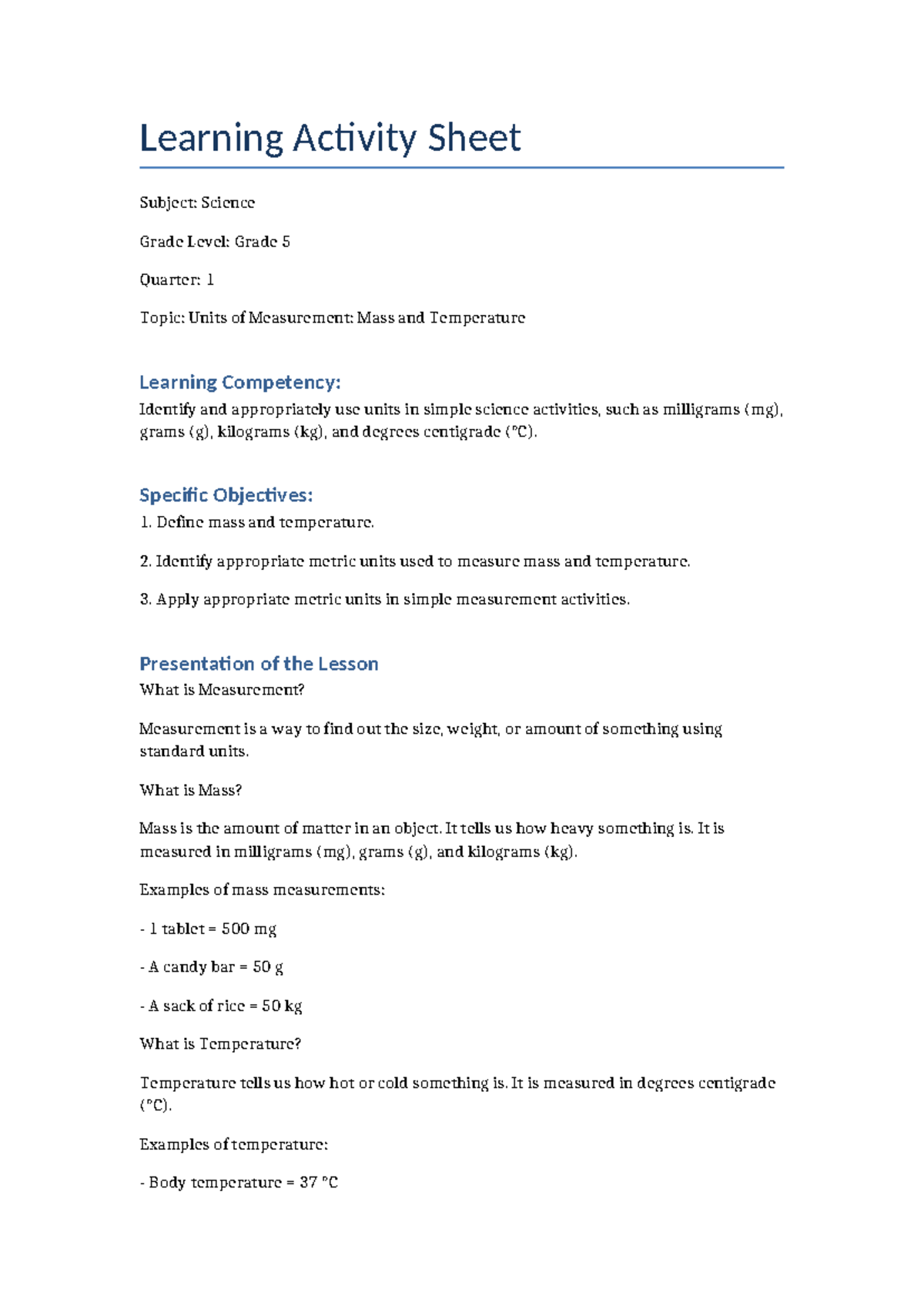 Grade 5 Science LAS: Understanding Mass & Temperature Units - Studocu