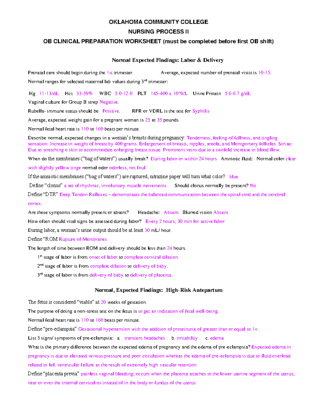 Expected Findings worksheet OBPreplan - NURSING PROCESS II OB CLINICAL ...