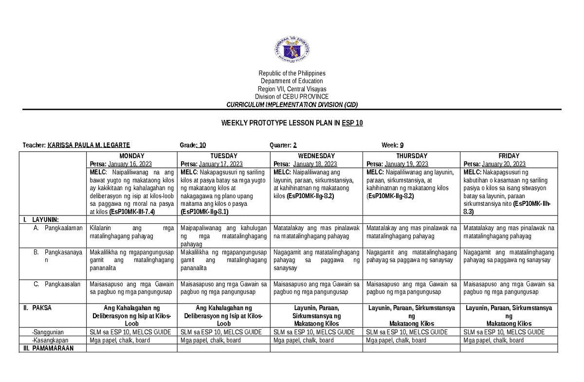 ESP 10 Weekly Lesson Plan: Jan 16-20, 2023 - Studocu