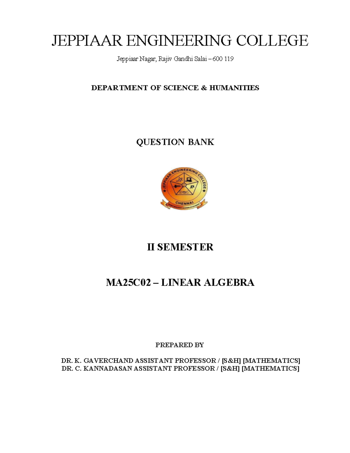 MA25C02 Linear Algebra Question Bank for II Semester - Studocu
