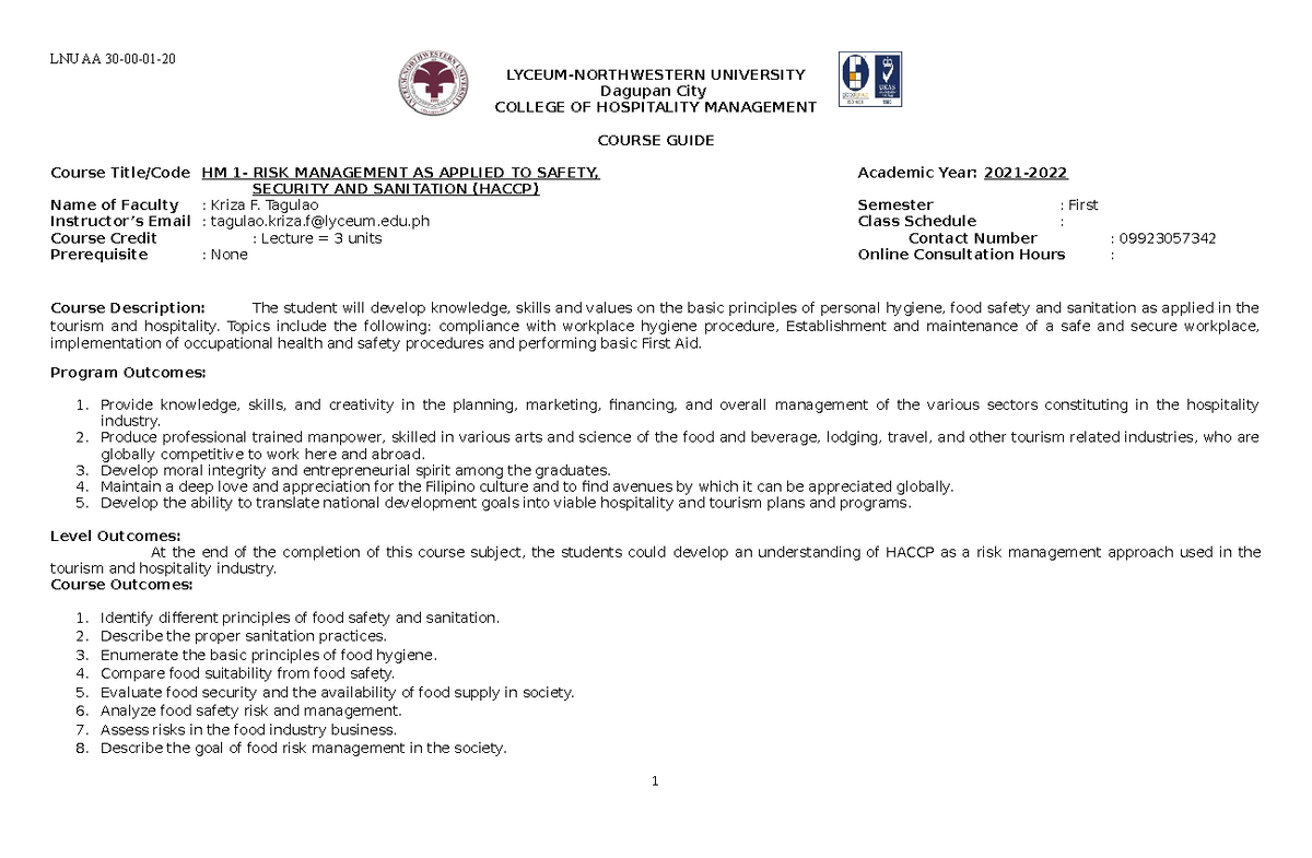 HM 1 - Lecture Notes on Risk Management in Safety & Sanitation - Studocu