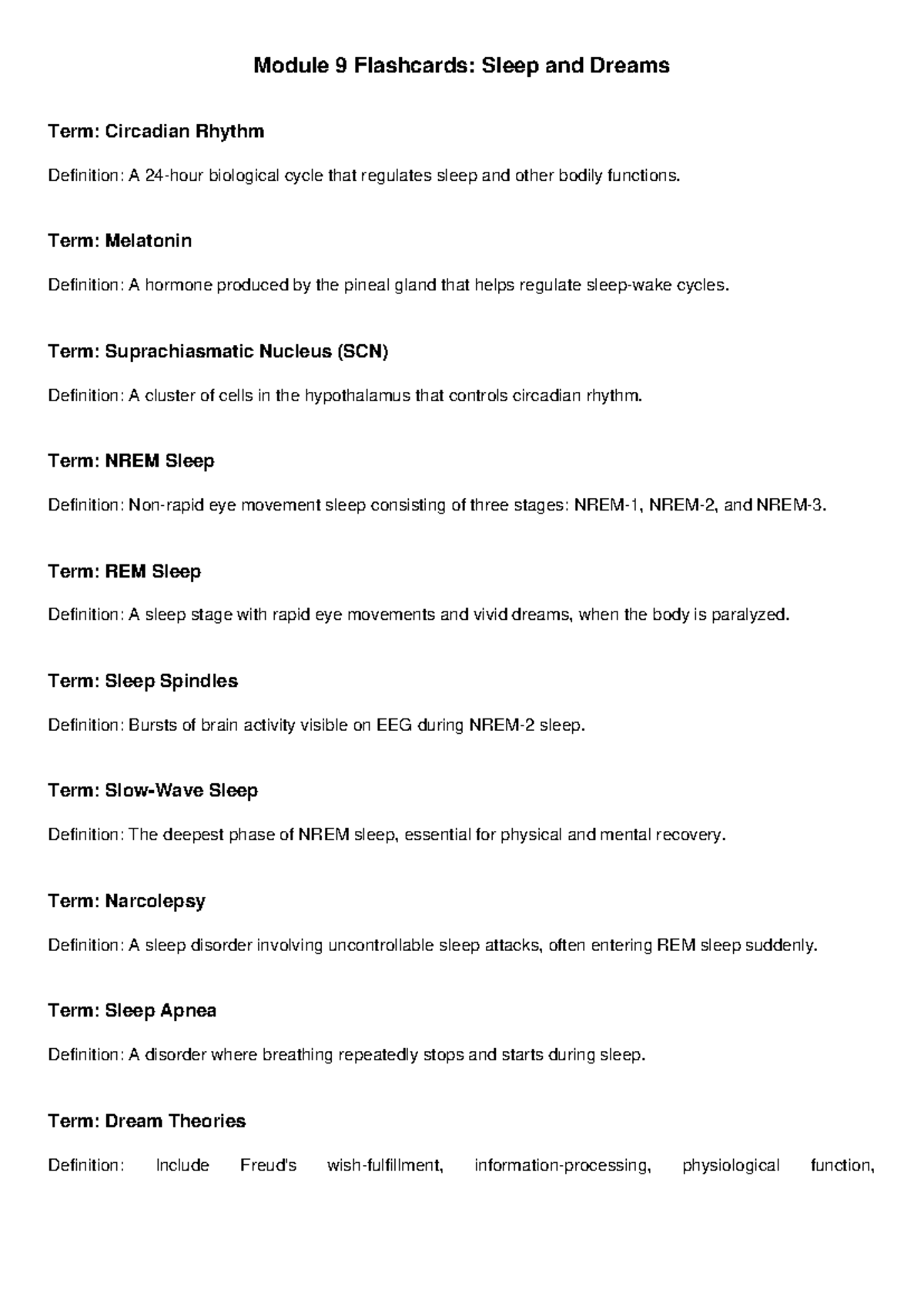 Module 9 Flashcards: Key Terms on Sleep & Dreams - Studocu