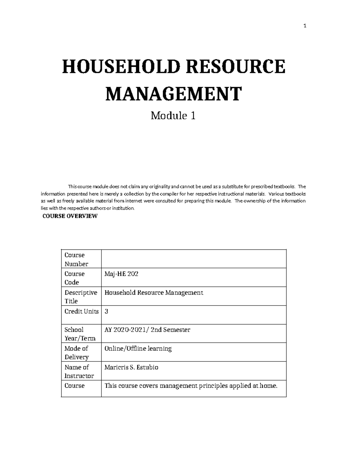 SLSU 202: Module 1 - Principles of Household Resource Management - Studocu