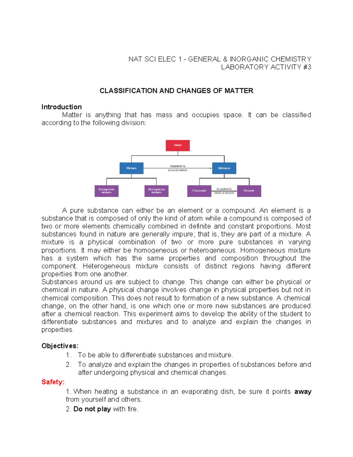 NAT SCI ELEC 1 - Lab Manual #2: Classification & Changes of Matter ...