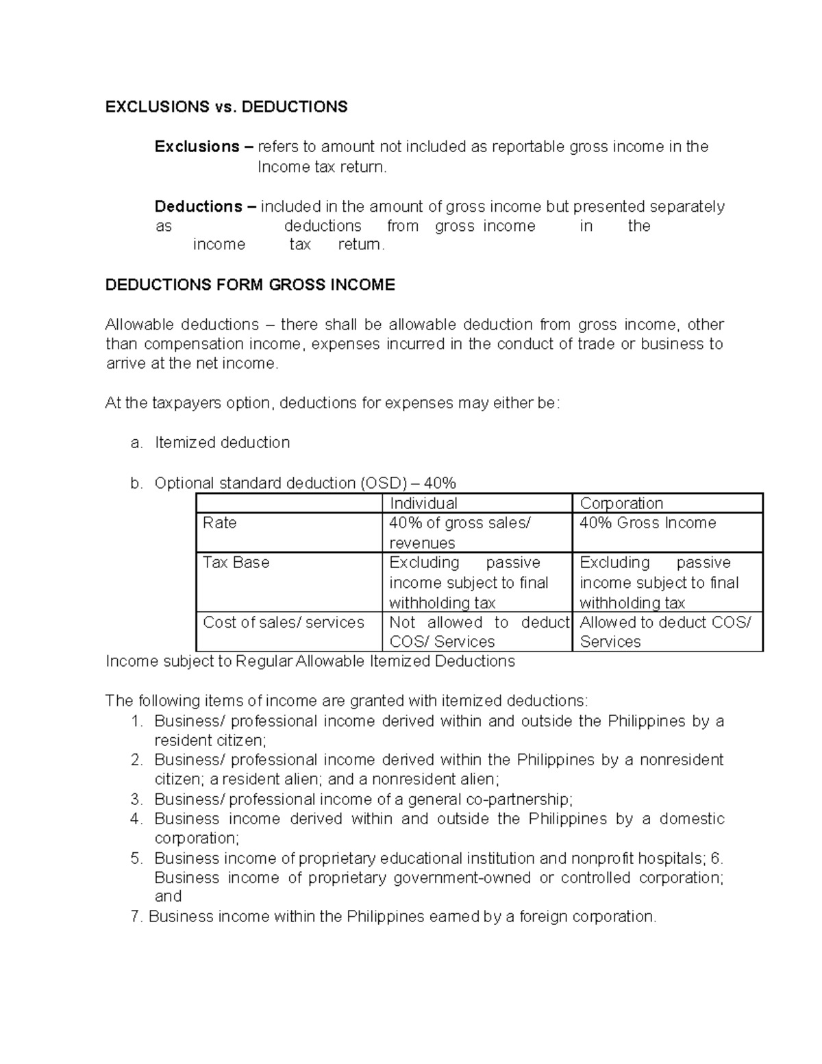 Income Taxation - Lecture Notes 13: Exclusions vs. Deductions - Studocu