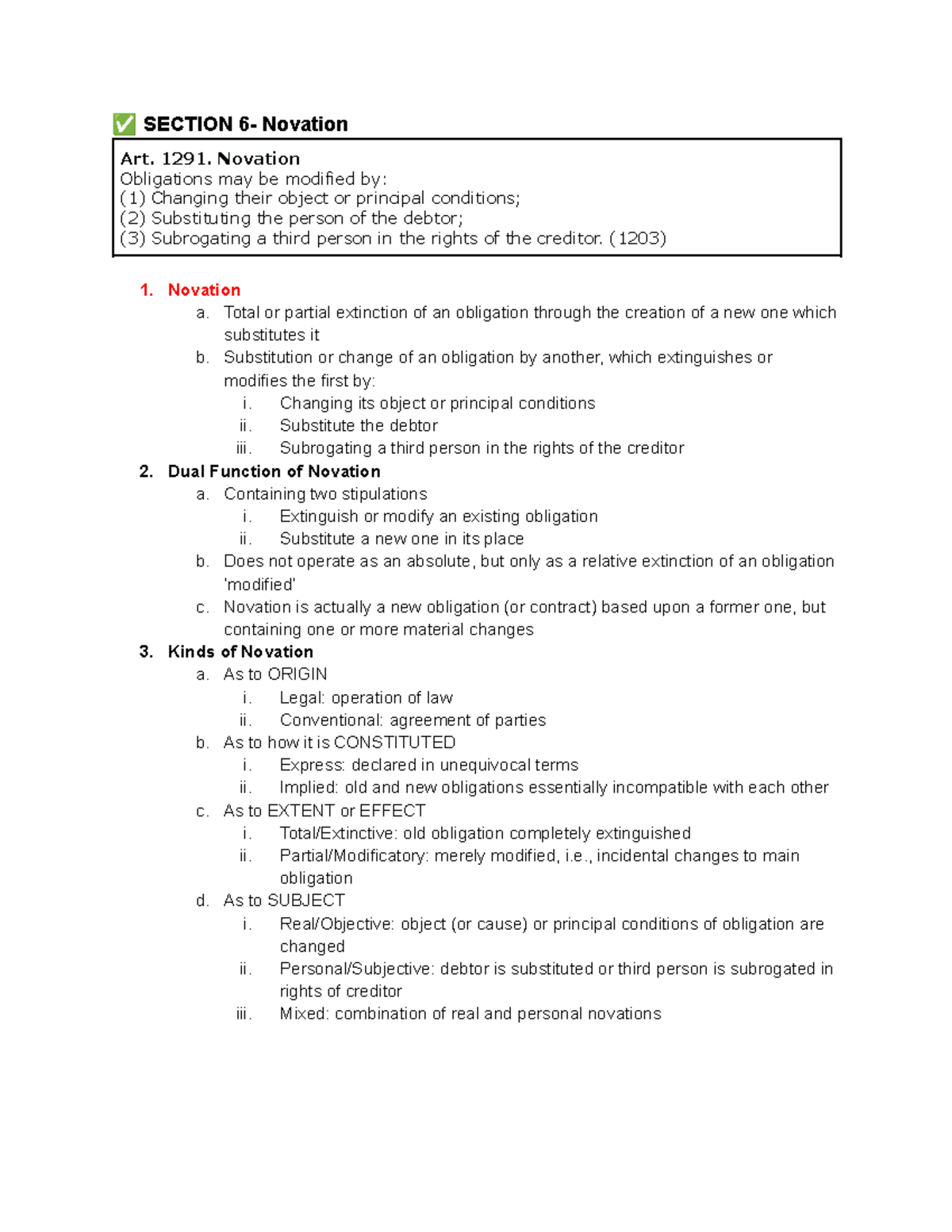 Oblicon Chapter 4 Section 6 Notes - SECTION 6- Novation Art. 1291 ...