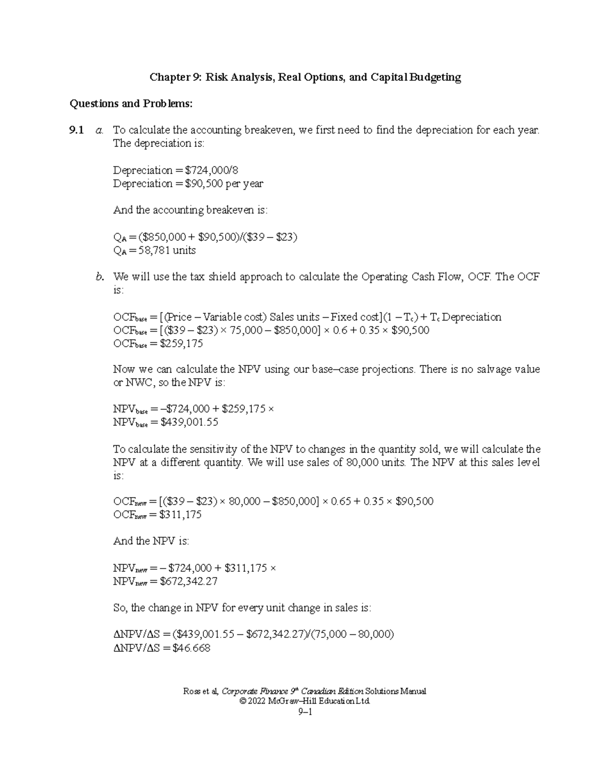 Ross CF 9ce SM Ch09 - Chapter 9 Solutions: Risk Analysis & NPV Calculations - Studocu