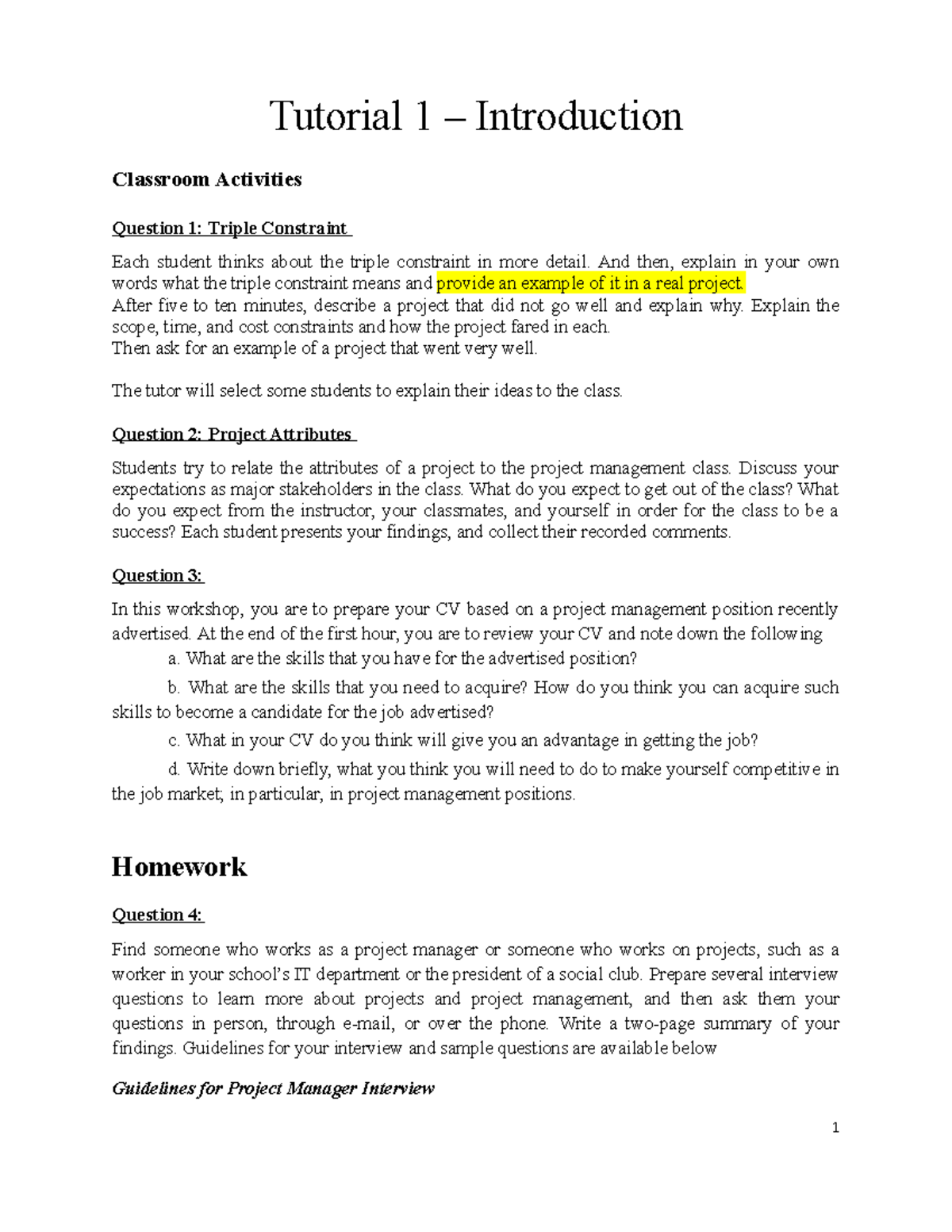 Tutorial 1 2023 - introduction - Tutorial 1 – Introduction Classroom Activities Question 1 ...