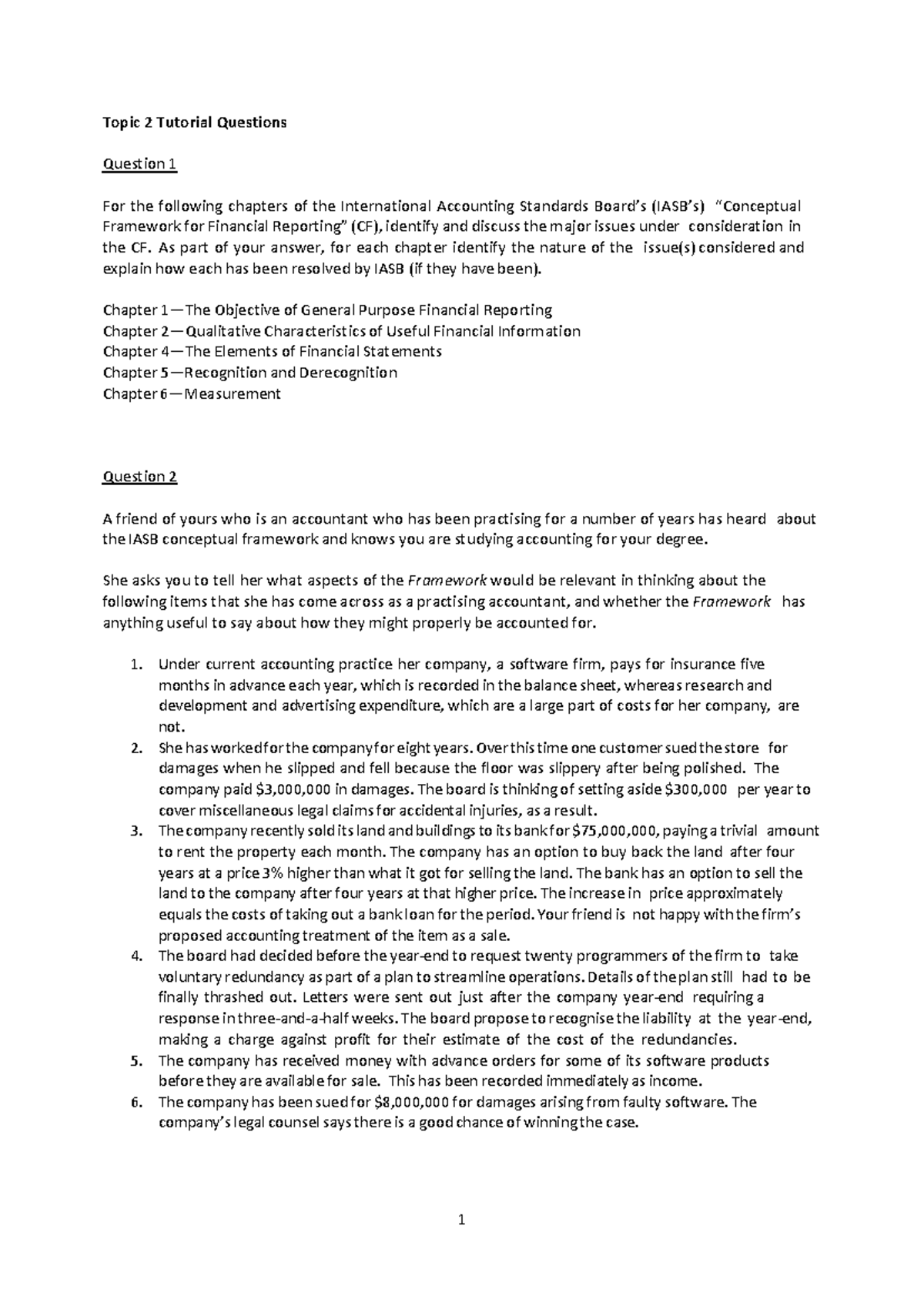 IASB CF Topic 2 Tutorial Questions: Key Issues & Accounting Practices ...
