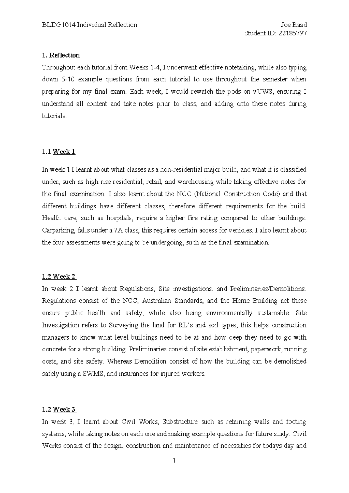 BLDG1014 Individual Reflection Journal by Joe Raad (ID: 22185797) - Studocu