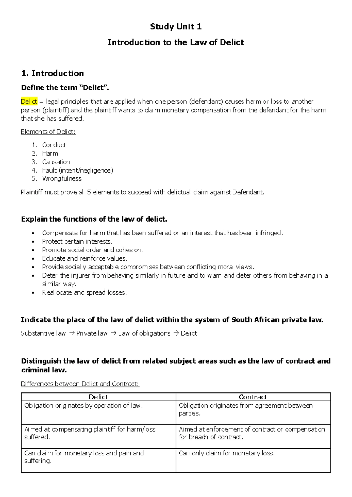 IURI 273 Study Notes: Summaries for Units 1-4 on Delict Law - Studocu