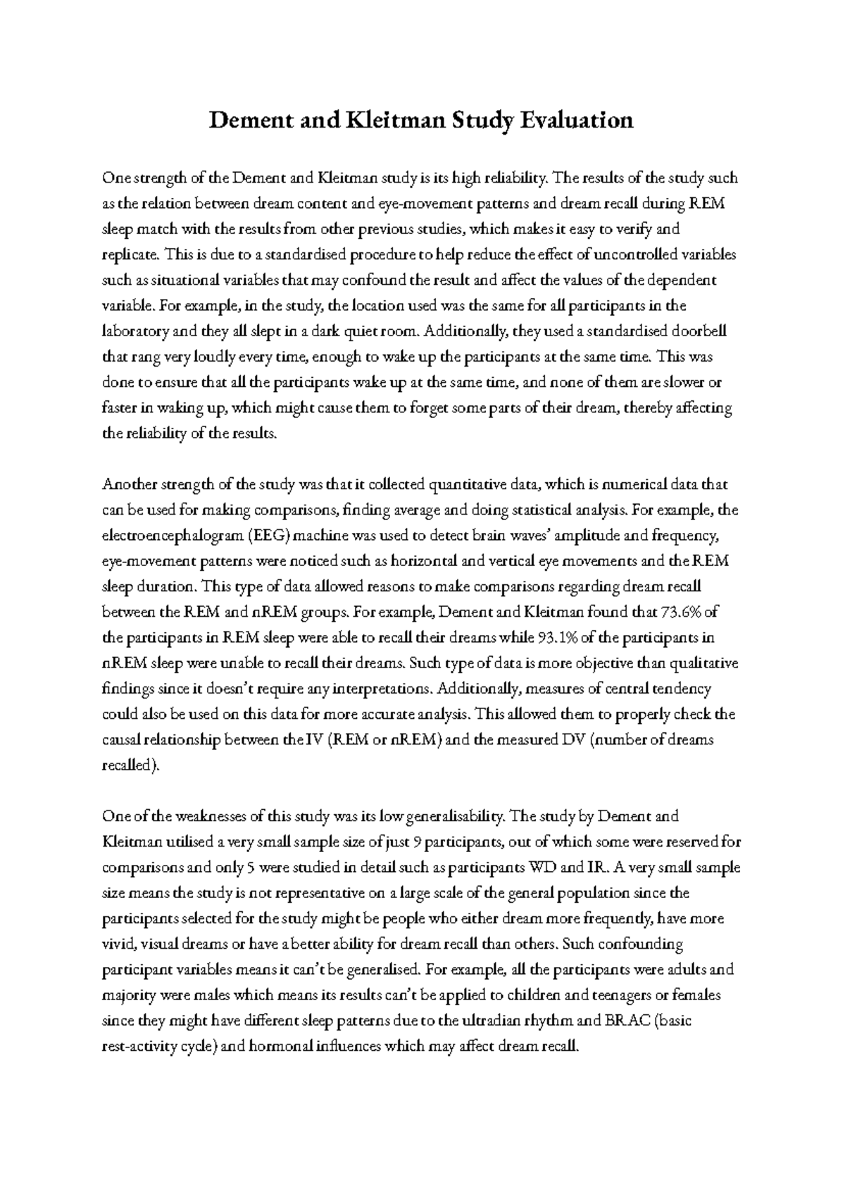 Evaluation of the Dement and Kleitman Study: Strengths & Weaknesses ...