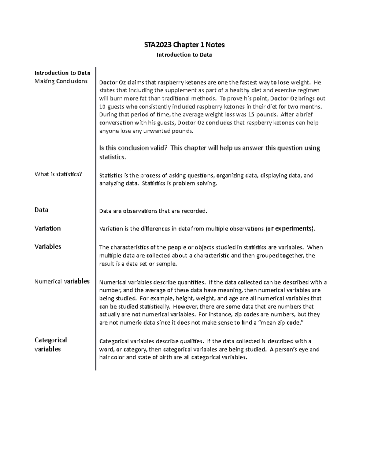 JAWS STA2023 Chapter 1 Online Class Notes - STA2023 Chapter 1 Notes ...