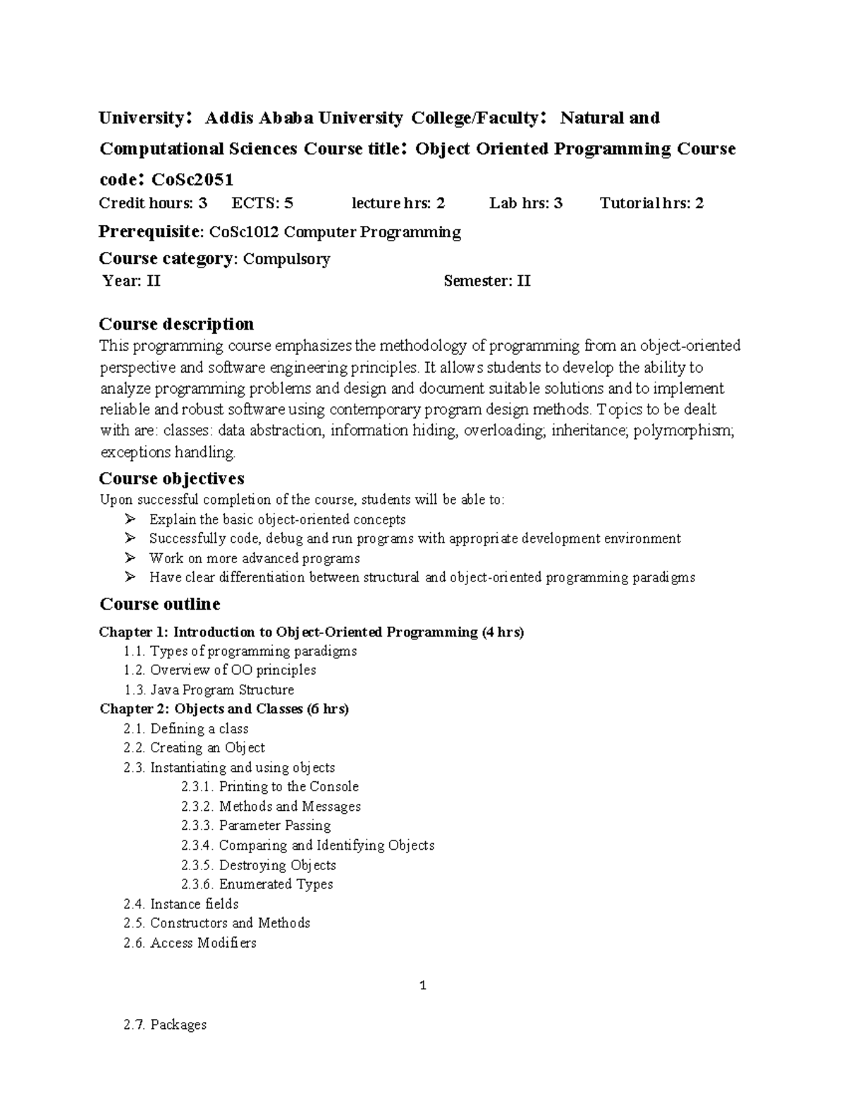 OOP Course Outline (CoSc2051) - Addis Ababa University 2025 - Studocu