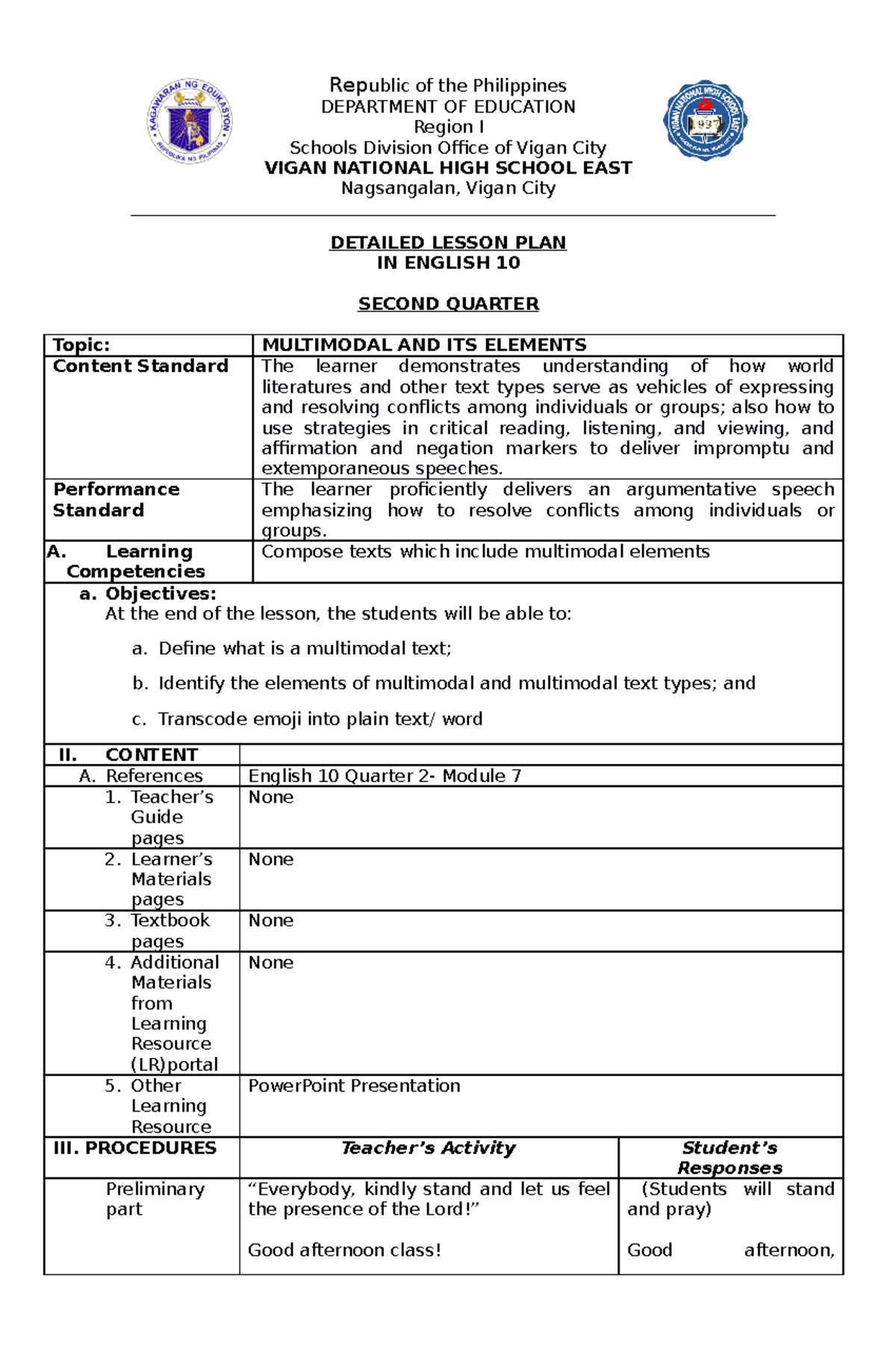 Multimodal Lesson Plan for English 10: Second Quarter Overview - Studocu
