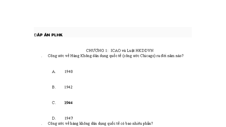 ĐÁP ÁN PLHK - CHƯƠNG 1: ICAO và Luật HKDDVN - Studocu