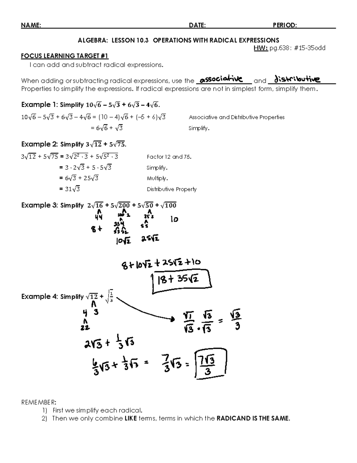 Algebra 10.3: Operations with Radical Expressions - Lesson Notes - Studocu