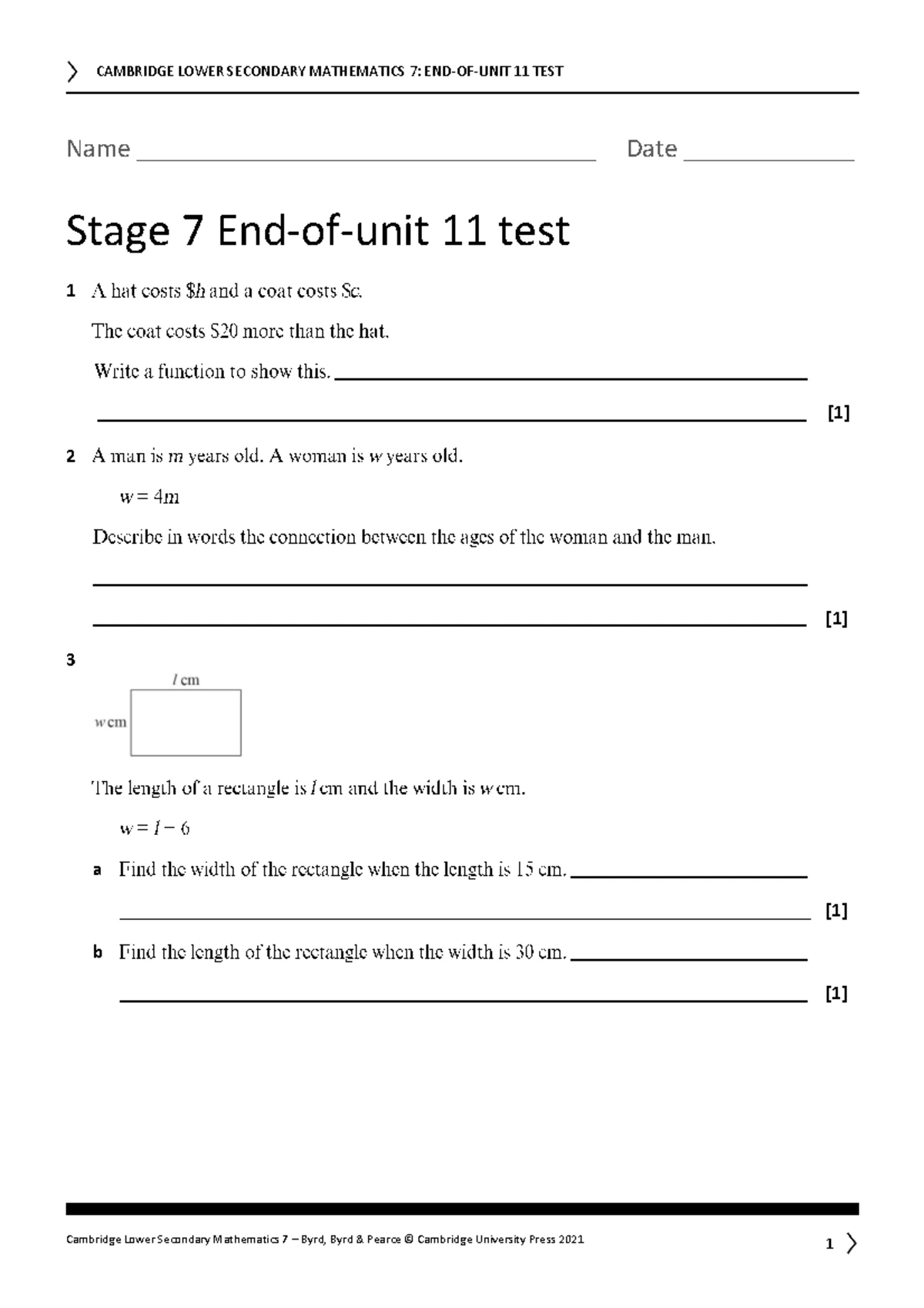 Maths Grade 7 End of Unit 7 Test - CAMBRIDGE LOWER SECONDARY ...