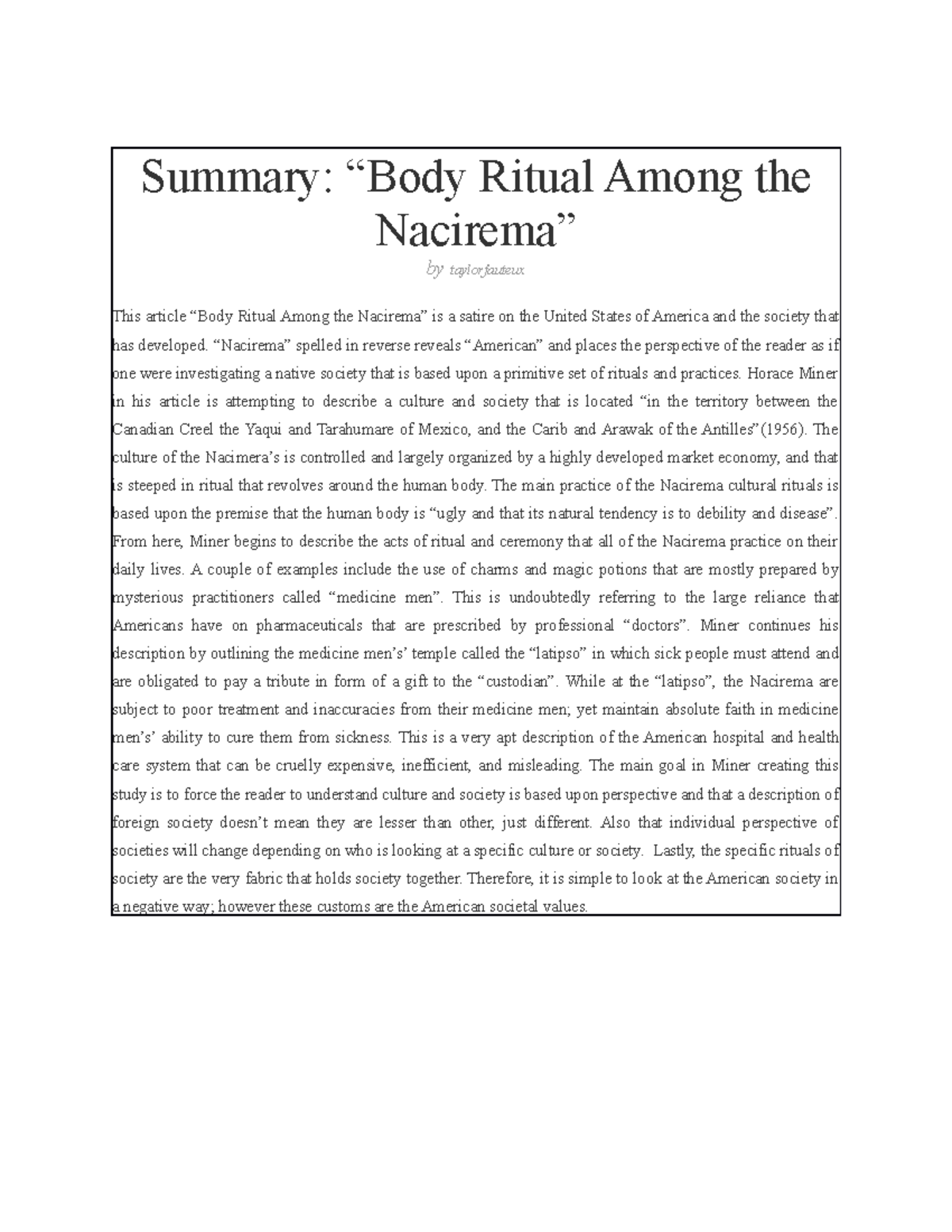 Summary Body Ritual Among the Nacirema 1 - Summary: “Body Ritual Among ...