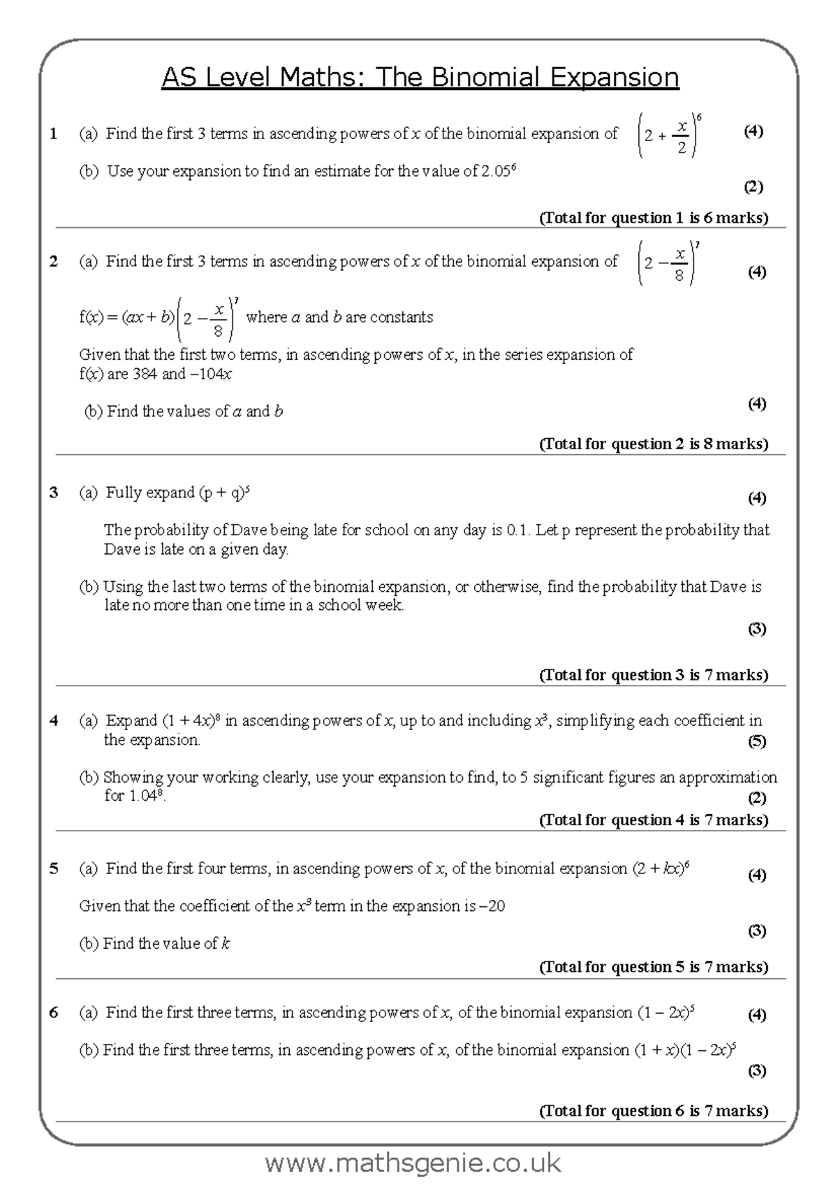 AS Level Maths: Binomial expansion exercises and solutions - Studocu