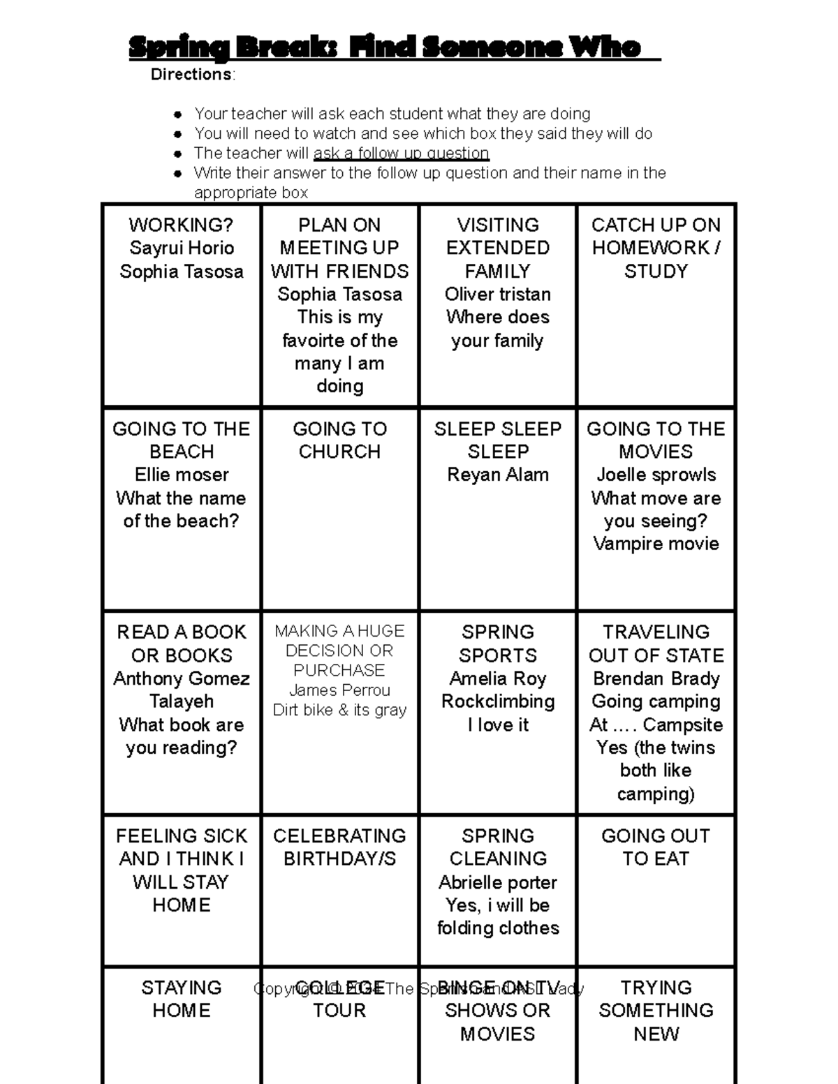 Spring Break Activities: Find Someone Who Directions (DODO) - Studocu