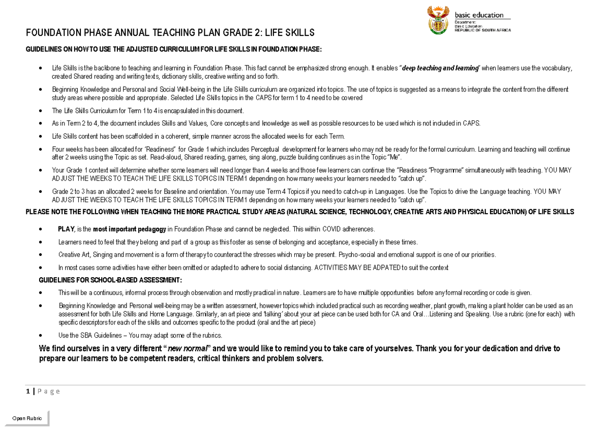 Grade 2 Life Skills Annual Teaching Plan: Guidelines for Curriculum ...