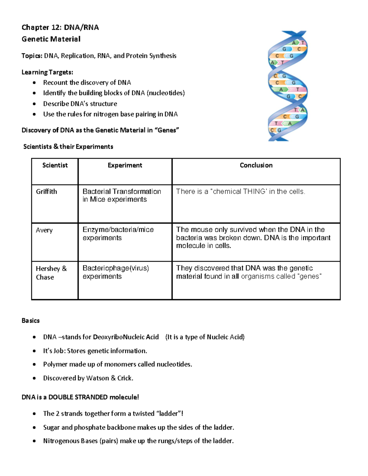 Chapter 12 Lecture Handout: DNA/RNA and Genetic Material Overview - Studocu