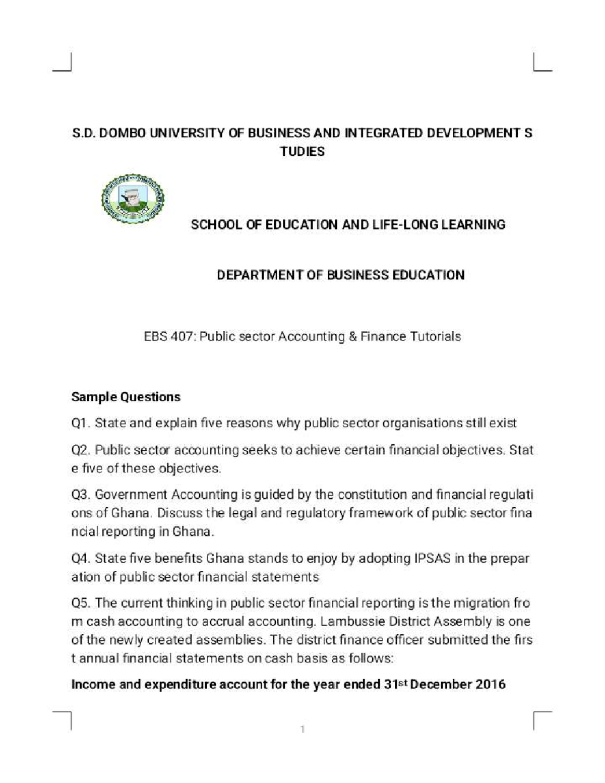 EBS 407: Public Sector Accounting Finance Tutorials Sample Questions ...