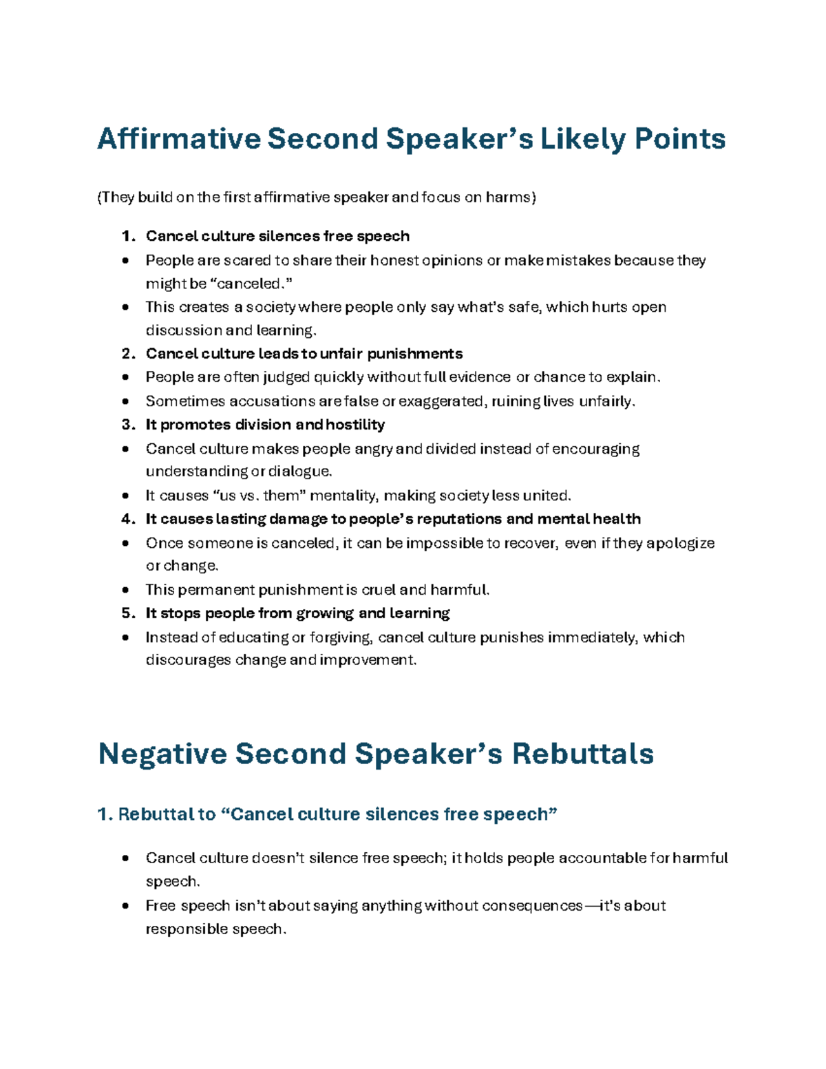 Debate Notes on Cancel Culture: Affirmative & Negative Rebuttals - Studocu