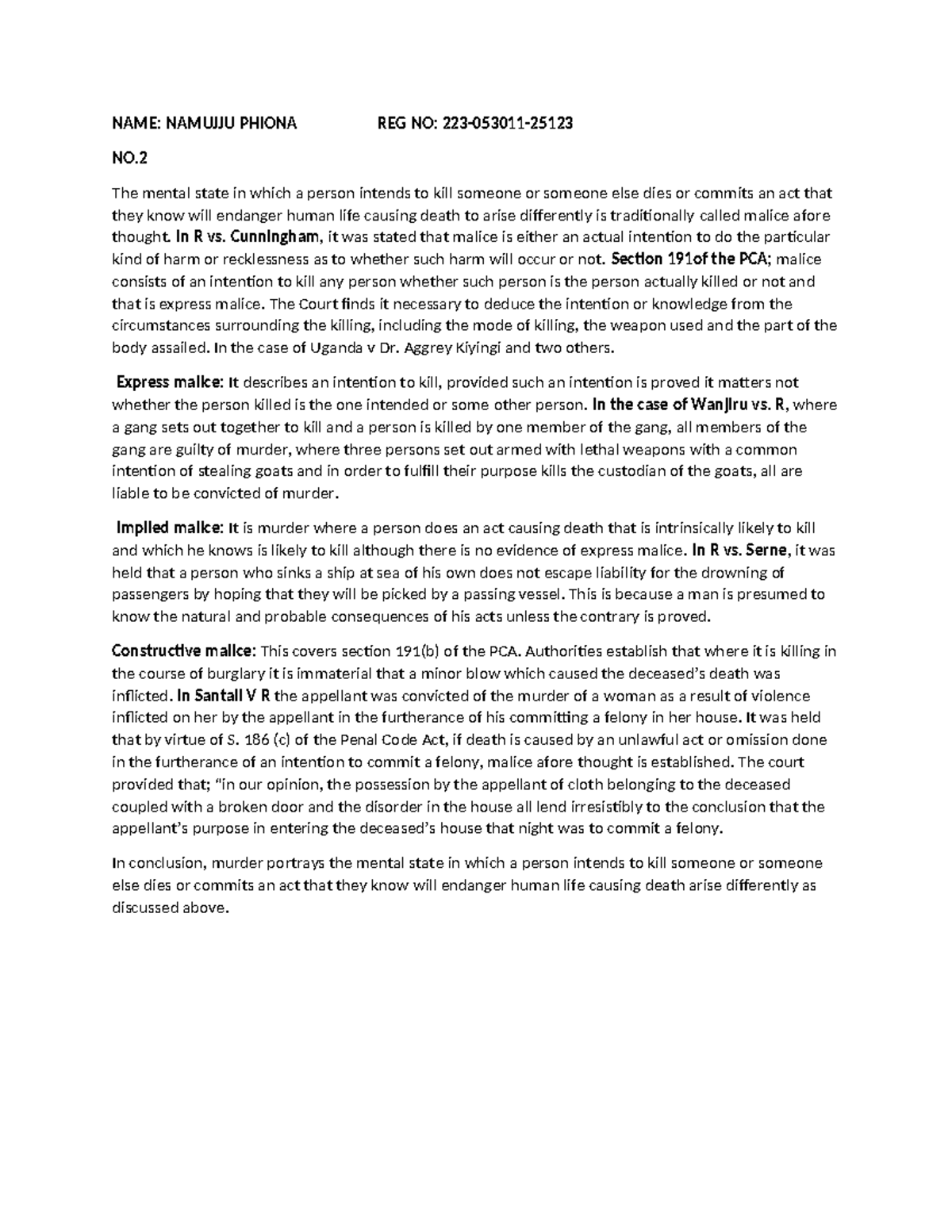 Criminal Law Notes: Malice Aforethought Explained (CRIM 101) - Studocu