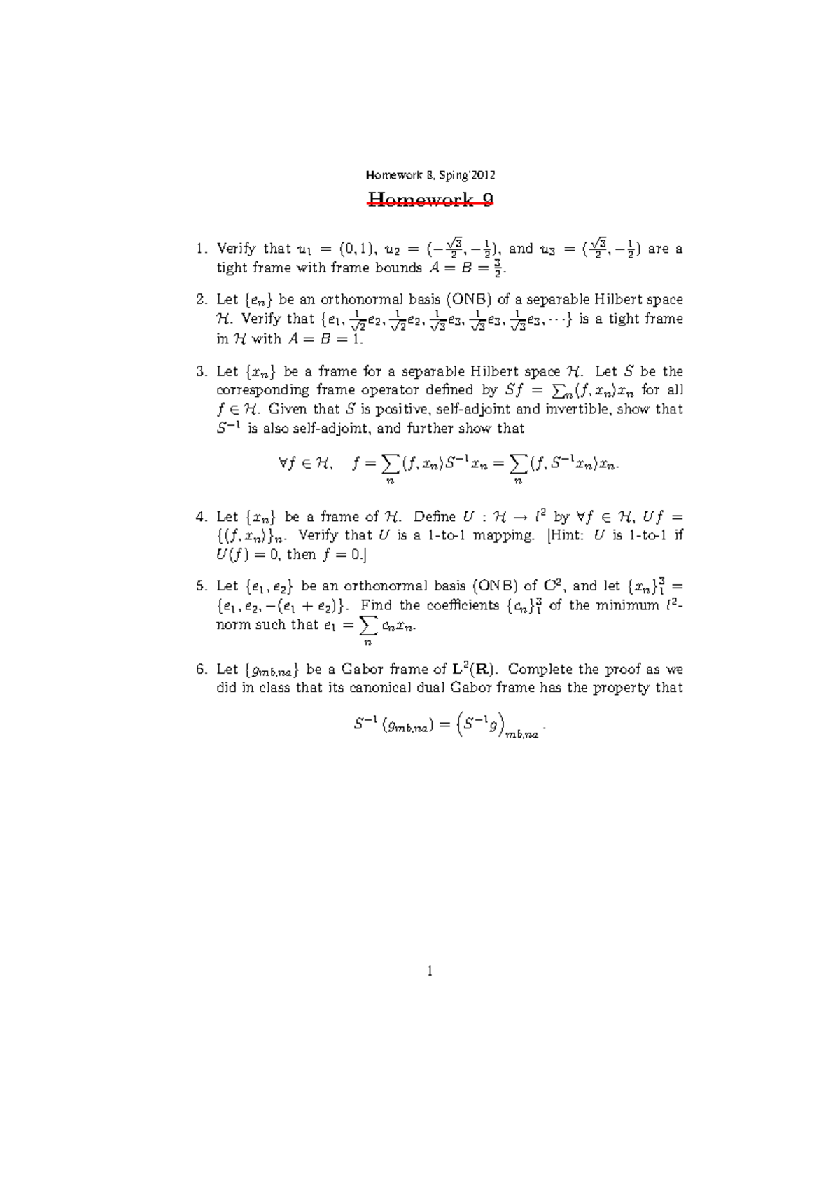 HW8 Frames 2012 s - Homework assignment 8 - Homework 9 Verify that u 1 ...