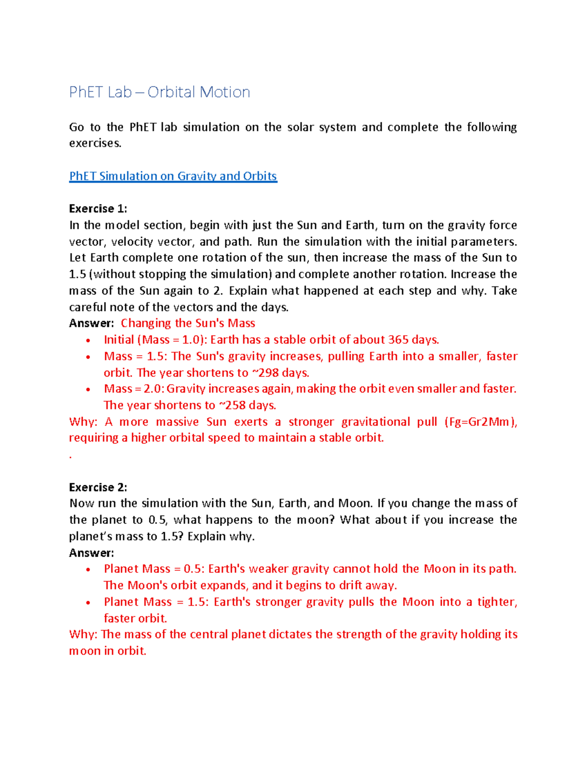 PHET LAB 5 - Orbital Motion Simulation Exercises - Studocu