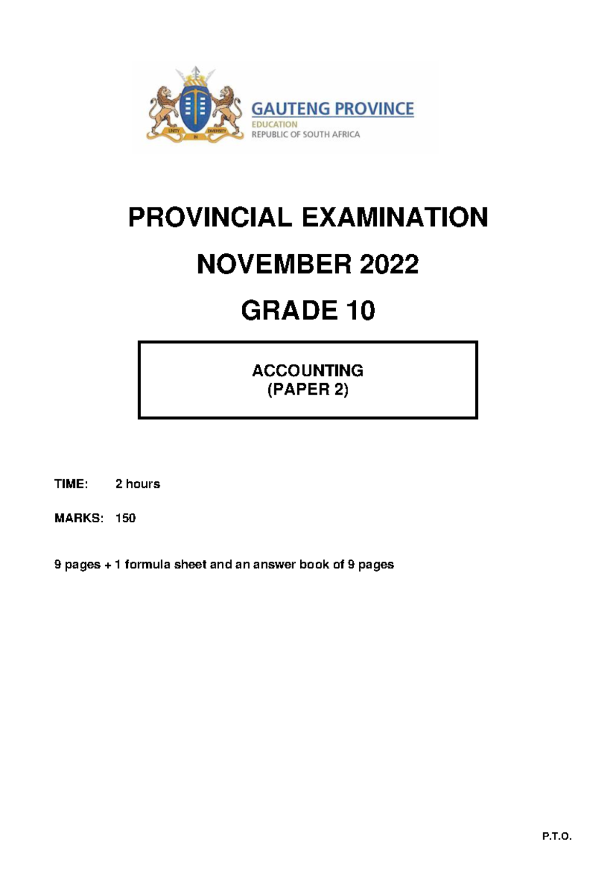 Grade 10 Accounting (P2) November 2022 Provincial Exam Paper - Studocu
