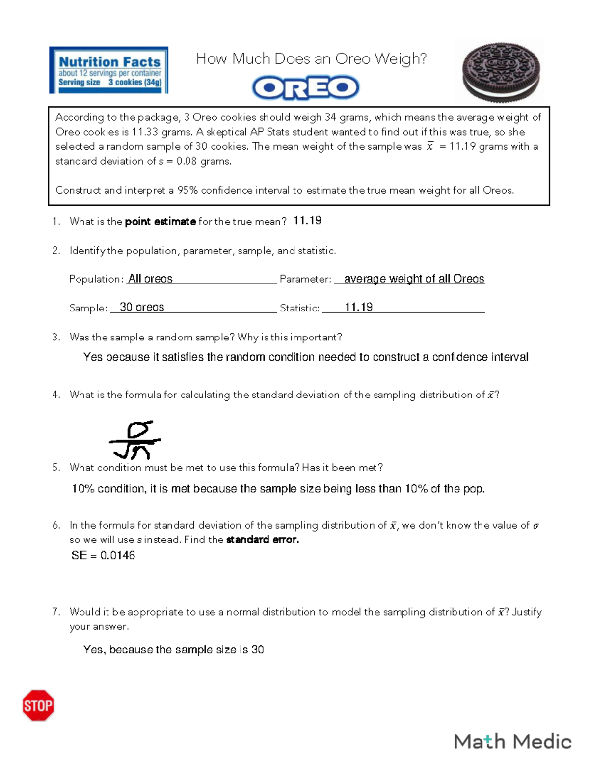 AP Stats Unit 9.1: Confidence Interval for Oreo Cookie Weight Analysis ...