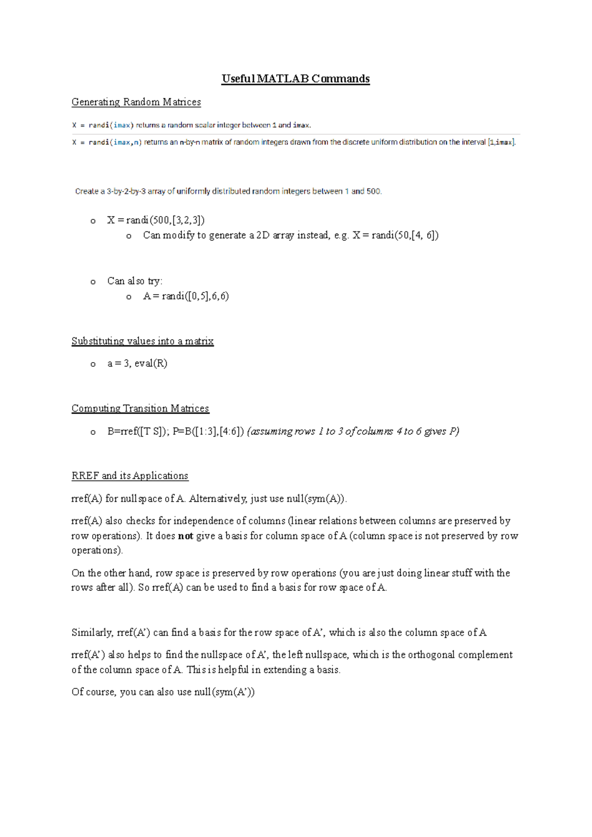 Linear Algebra Results: Key Theorems and MATLAB Commands for Matrices ...