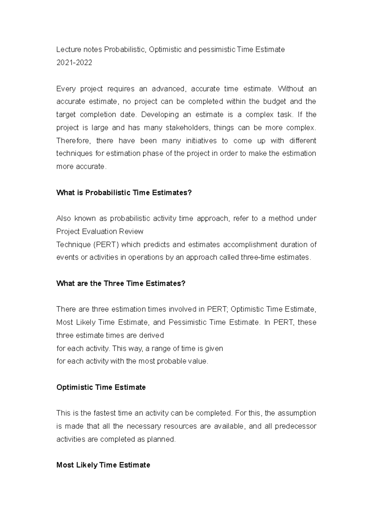 Lecture notes Probabilistic, Optimistic and pessimistic Time Estimate ...