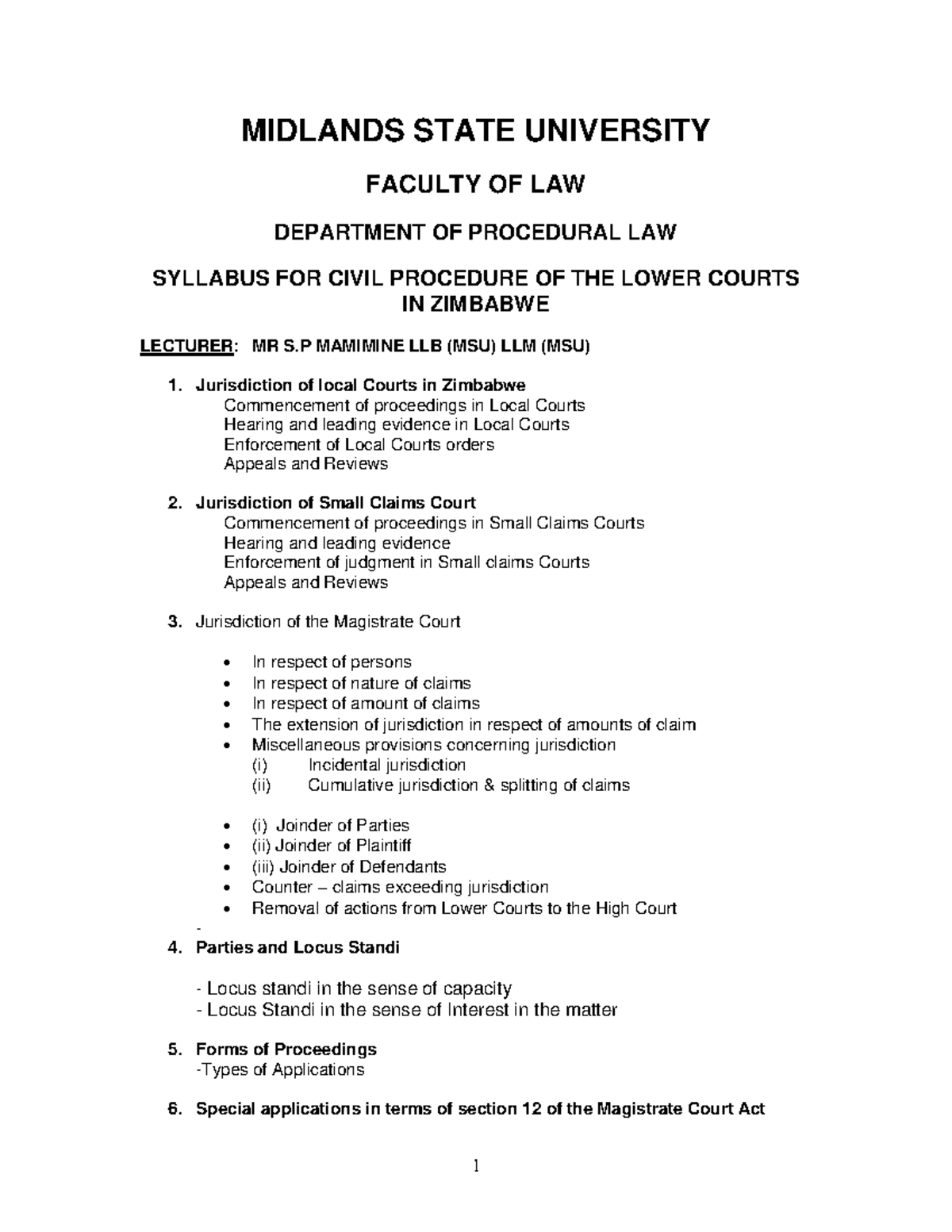 Syllabus for Civil Procedure in Lower Courts (Law 202) - Studocu