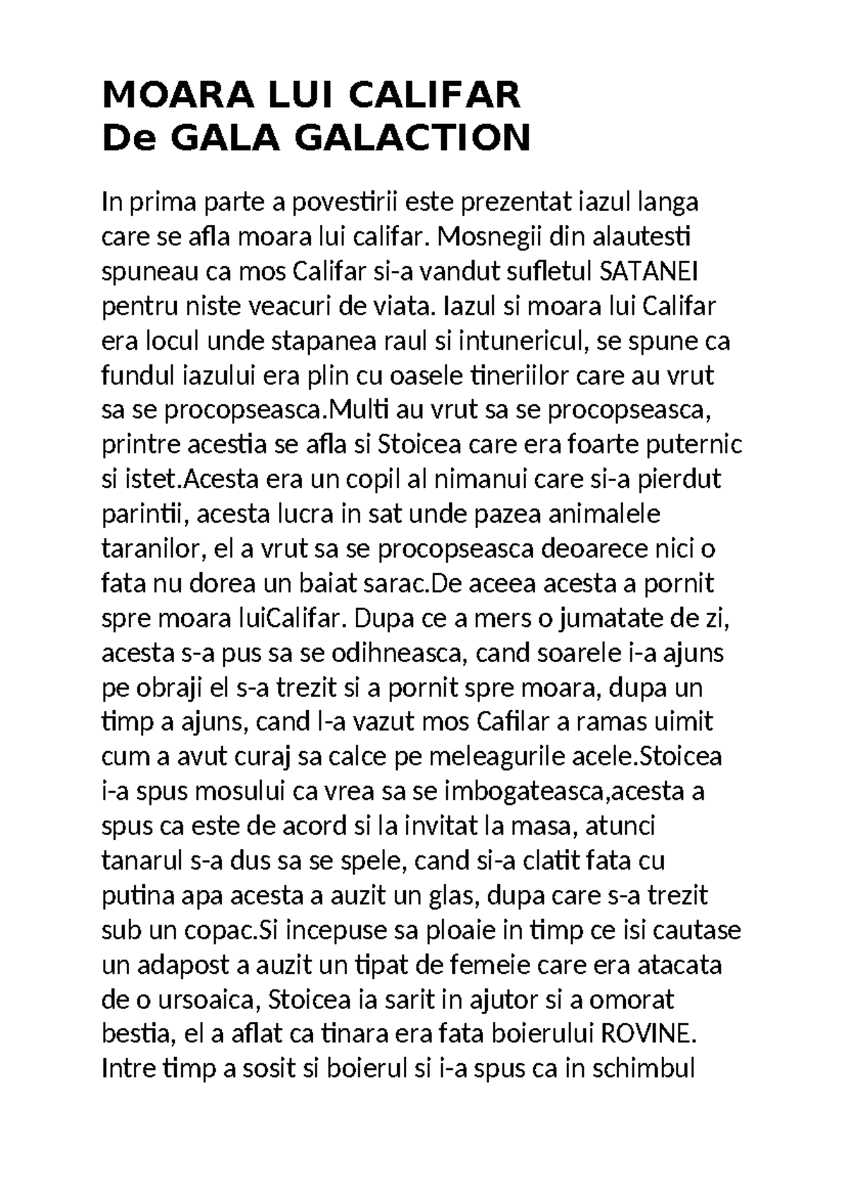 Moara lui Califar - Poveste folclorică de Gala Galaction - Studocu