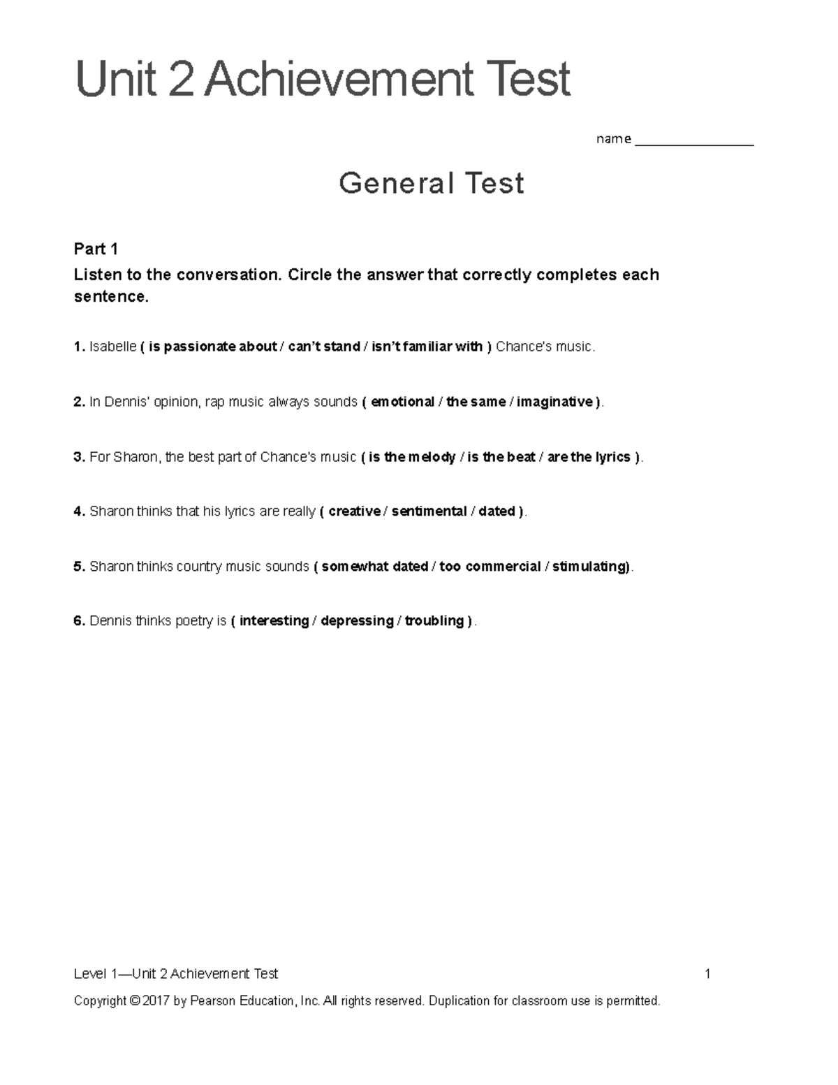 Unit 2 Achievement Test Su1 - Exploring Music and Art - Studocu