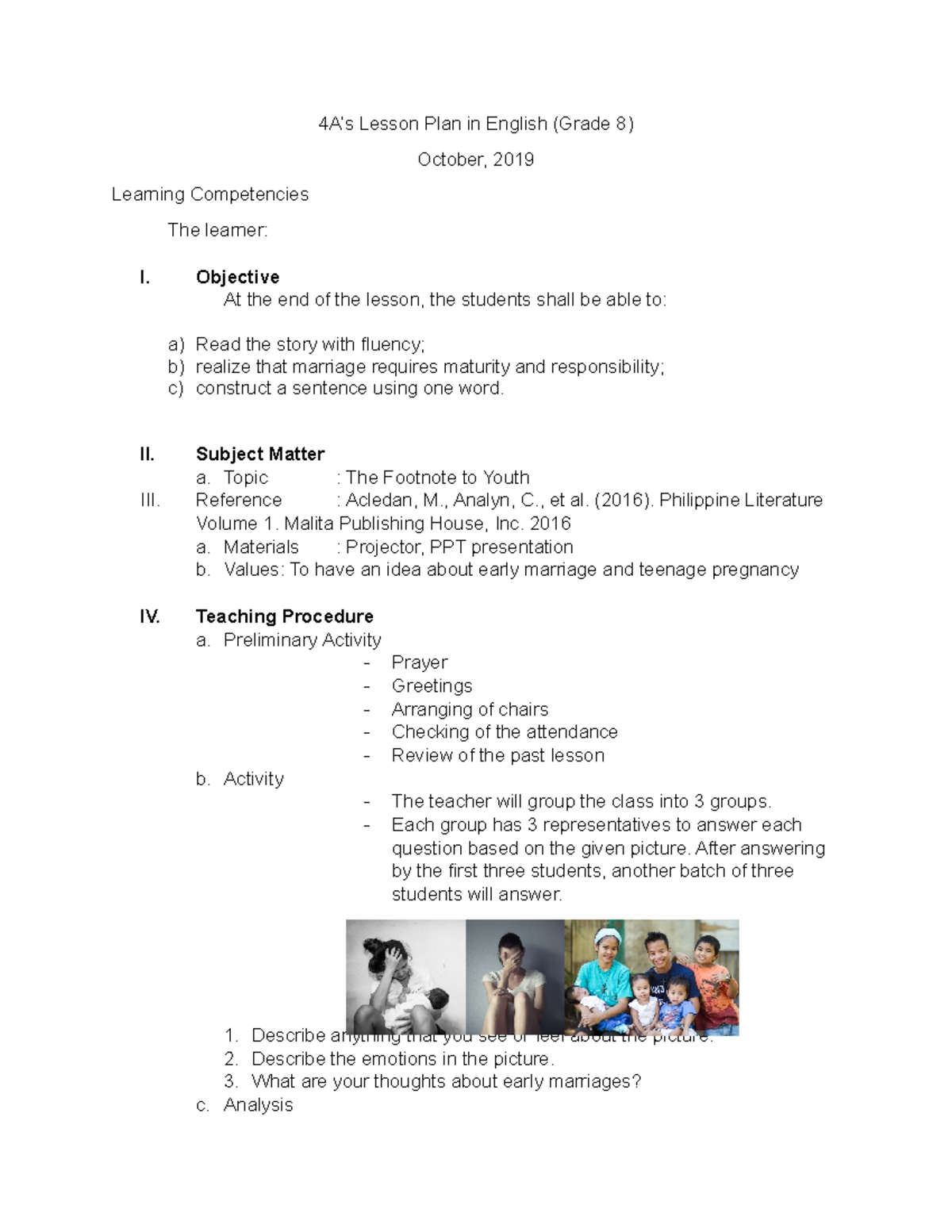 4A Lesson Plan - 4A’s Lesson Plan in English (Grade 8) October, 2019 ...