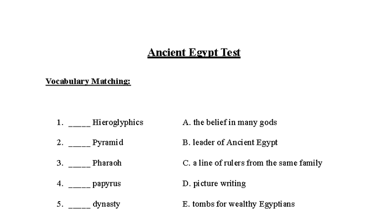 Ancient Egypt Test Review: Vocabulary & Gods Matching Activities - Studocu
