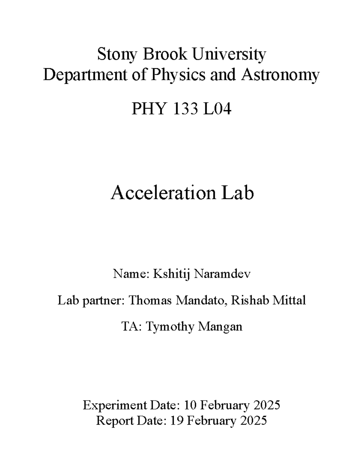 Acceleration Lab Report - Stony Brook University Department of Physics ...