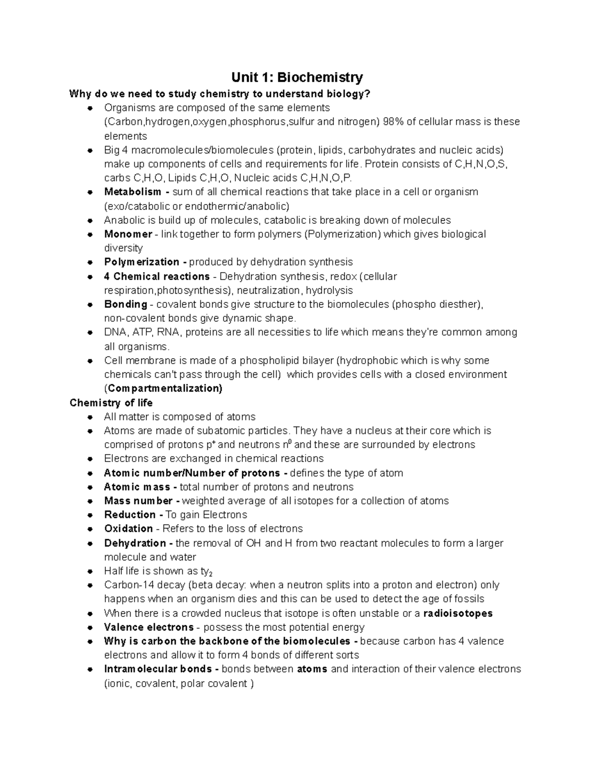 Grade 12 Bio Unit 1 - In-depth Notes on Biochemistry Concepts - Studocu
