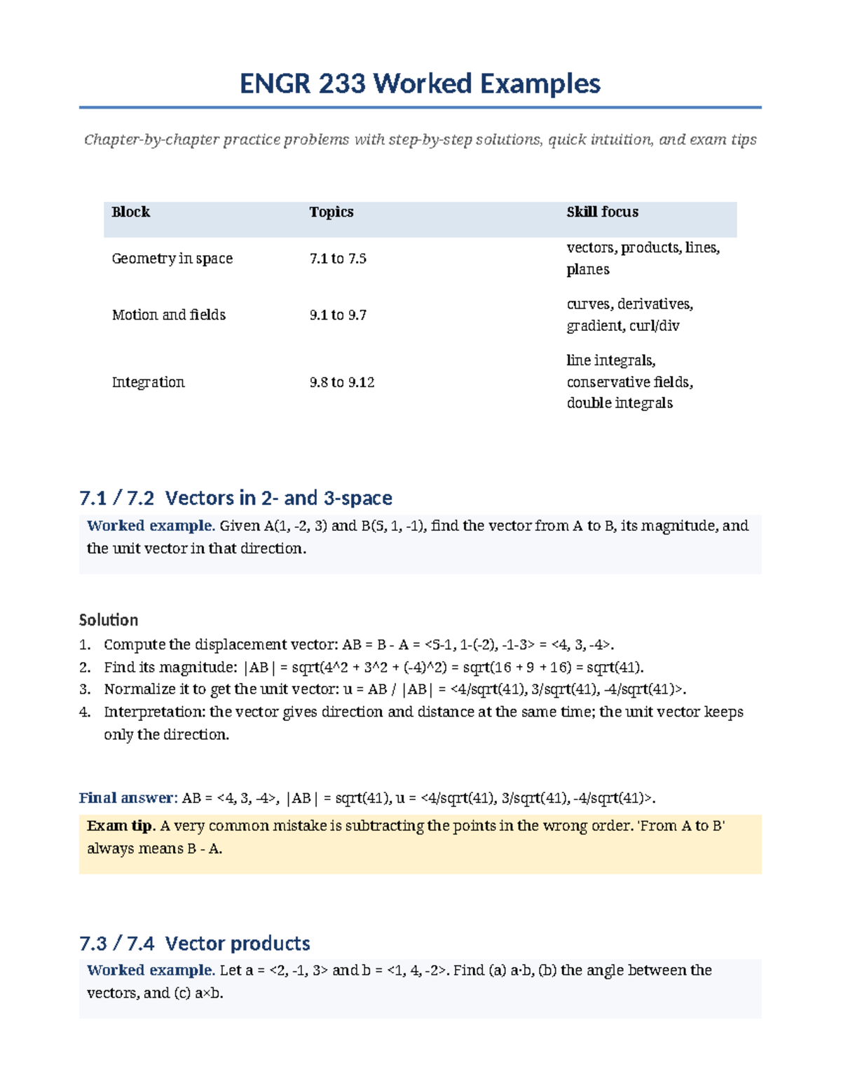 ENGR 233 Worked Examples: Geometry, Motion, and Fields Solutions - Studocu