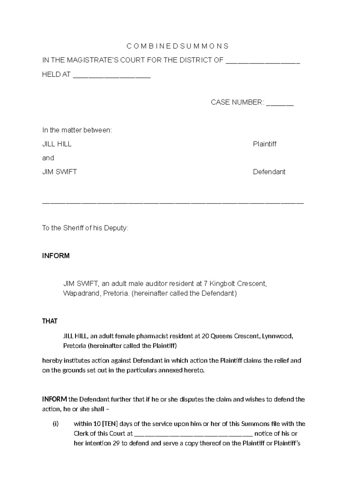 COMBINED SUMMONS - Civil Litigation - Case No. JILL HILL vs. JIM SWIFT ...