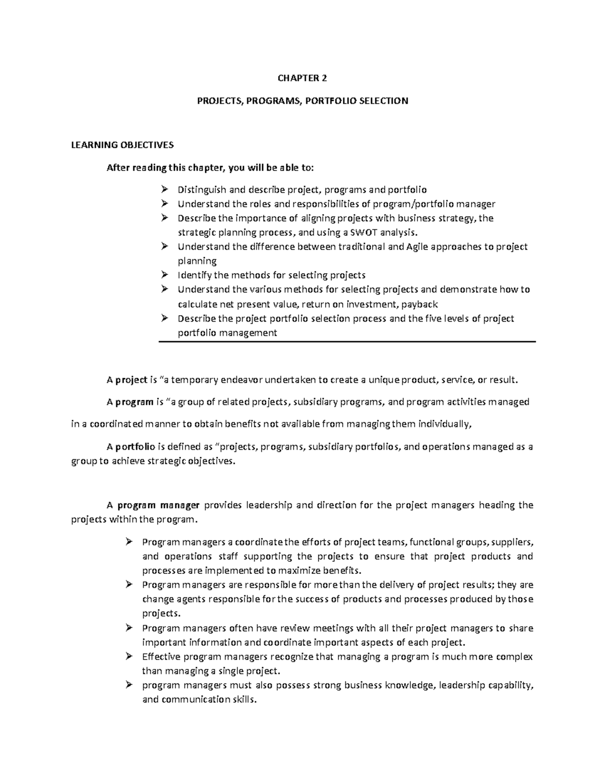 Chapter 2 - Projects, Programs, and Portfolio Management Insights - Studocu