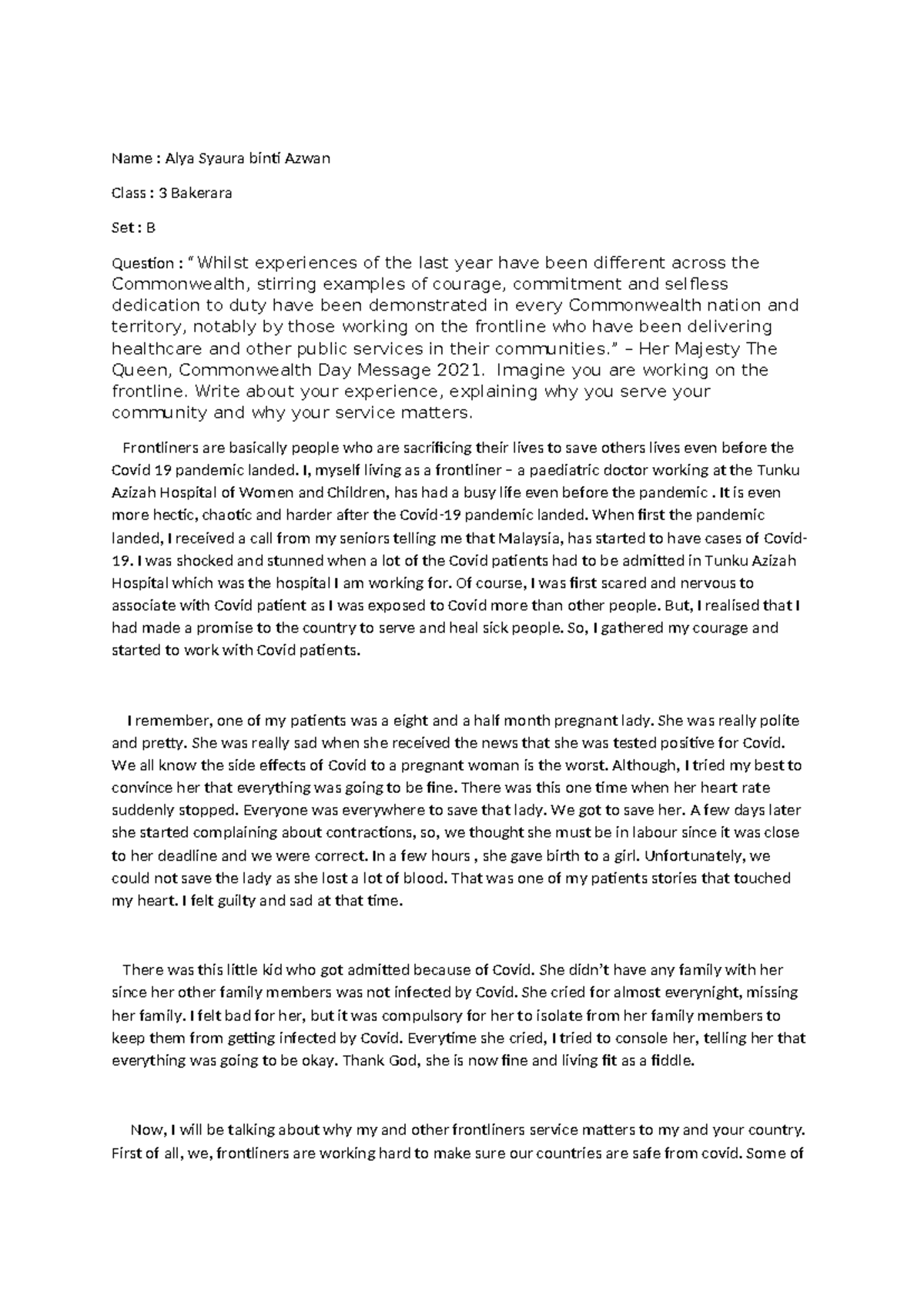 Commonwealth Essay: Frontline Experiences During Covid-19 - Studocu