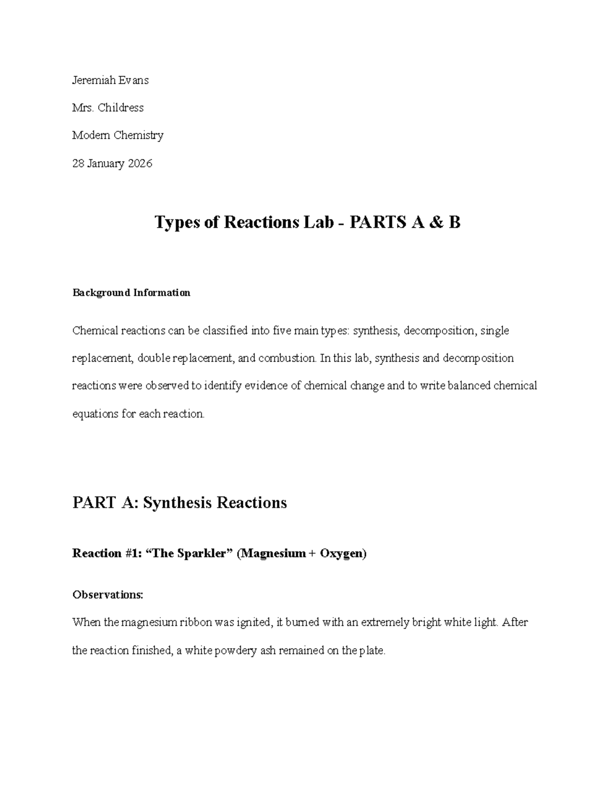Modern Chemistry Lab Report: Types of Reactions (CHEM 101) - Studocu
